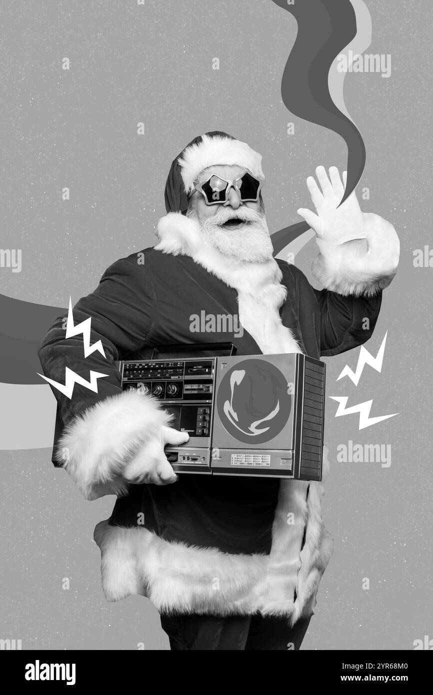Vertical creative photo collage picture of funny positive cheerful santa claus hold boombox ...