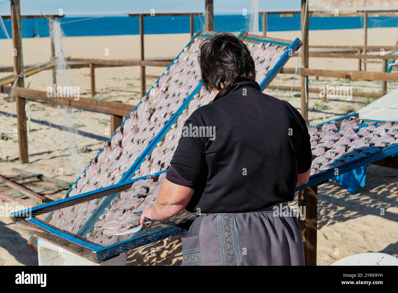 Portugese woman drying fish on the beach. Traditional portuguese food ...