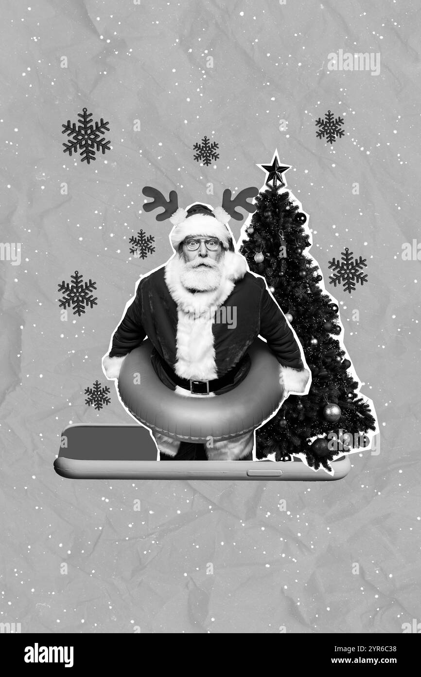 Vertical collage picture of funny mini santa claus black white gamma ...