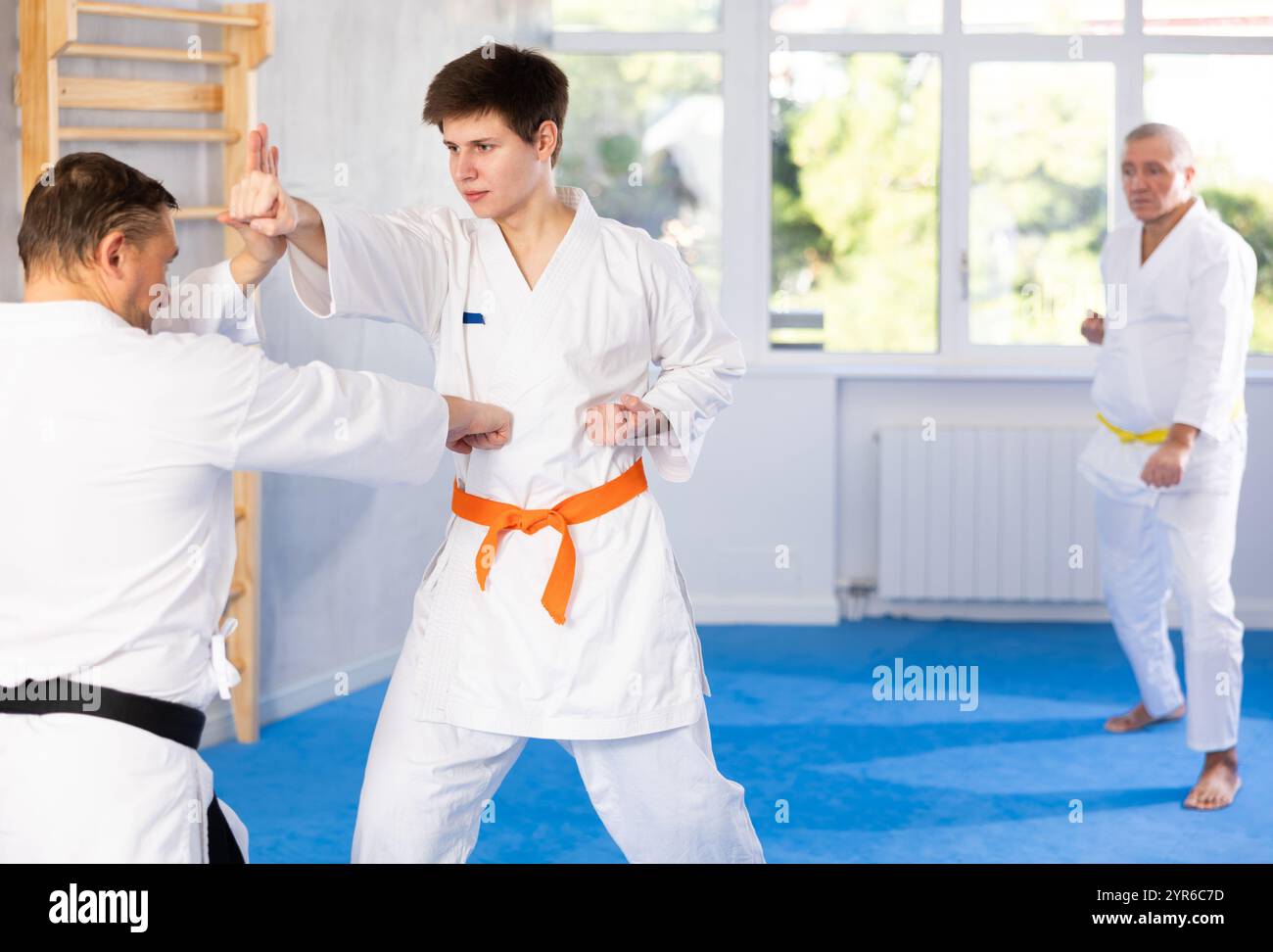 Concentrated guy honing punching techniques during kumite at karate ...