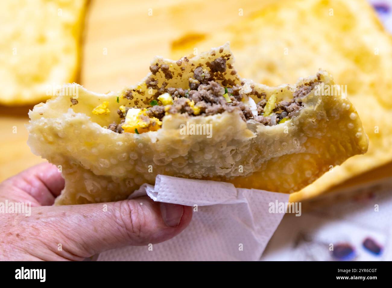 Traditional Brazilian fried pastry stuffed with ground beef. "Pastel de ...
