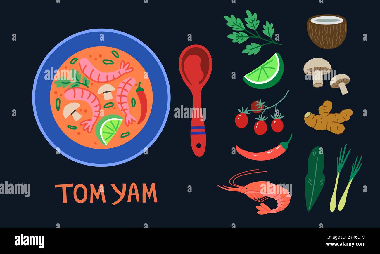 Tom yam soup, tom yum. Traditional Thai food, top view of meal and ...