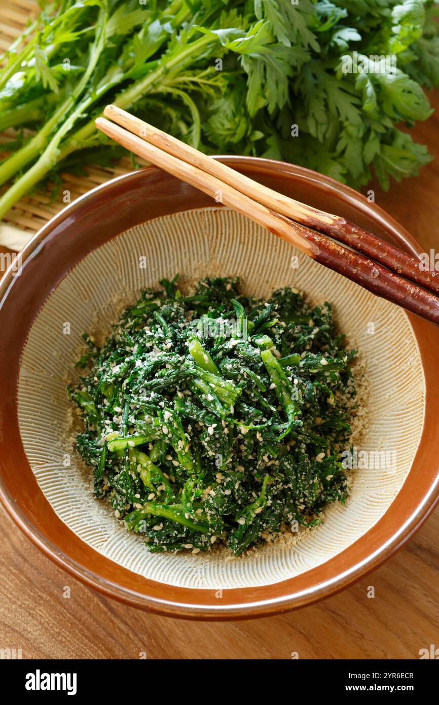 Edible Chrysanthemum Leaves ( Shungiku) with sesame paste Stock Photo ...