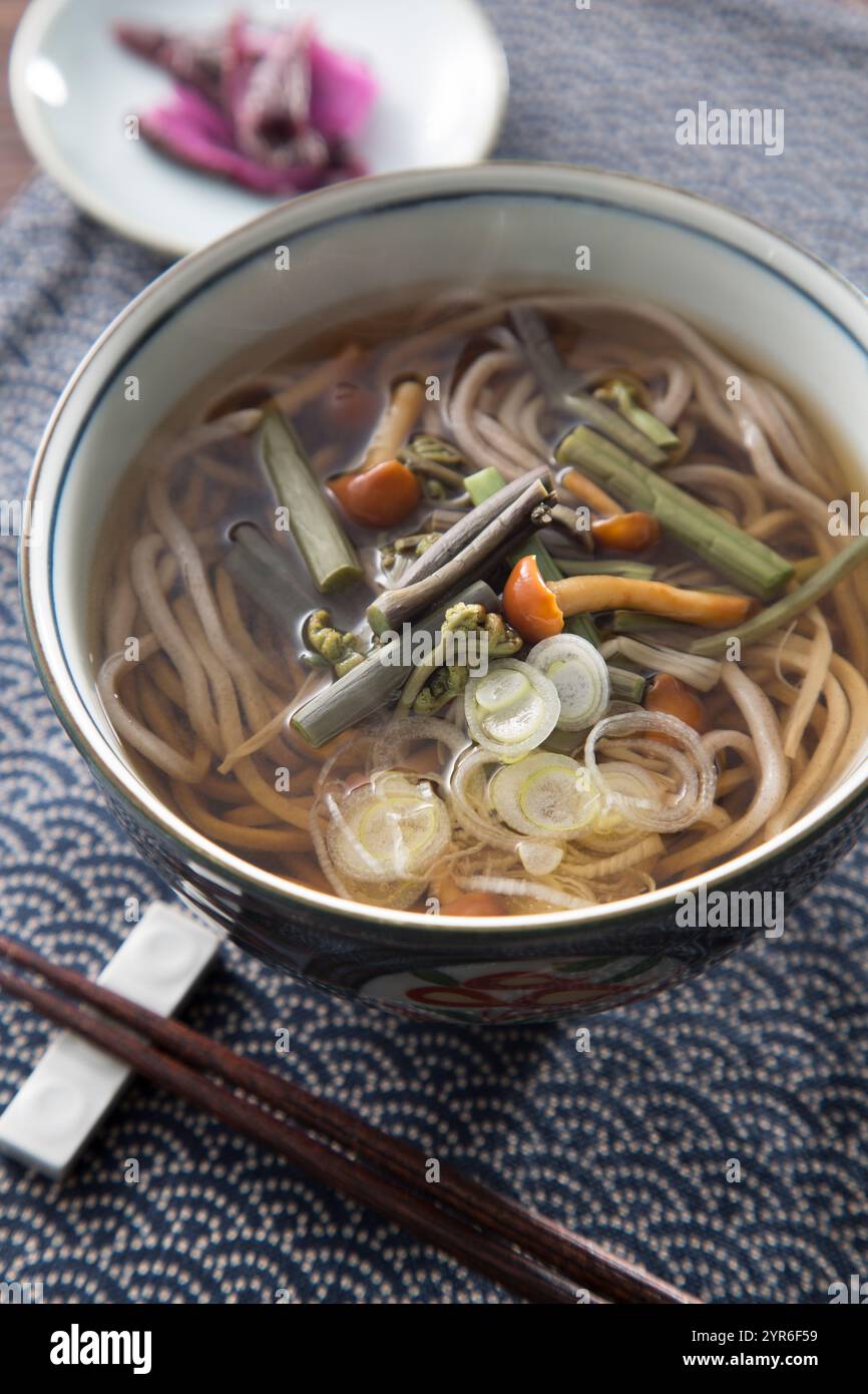 Sansai soba with shibazuke pickles Stock Photo - Alamy