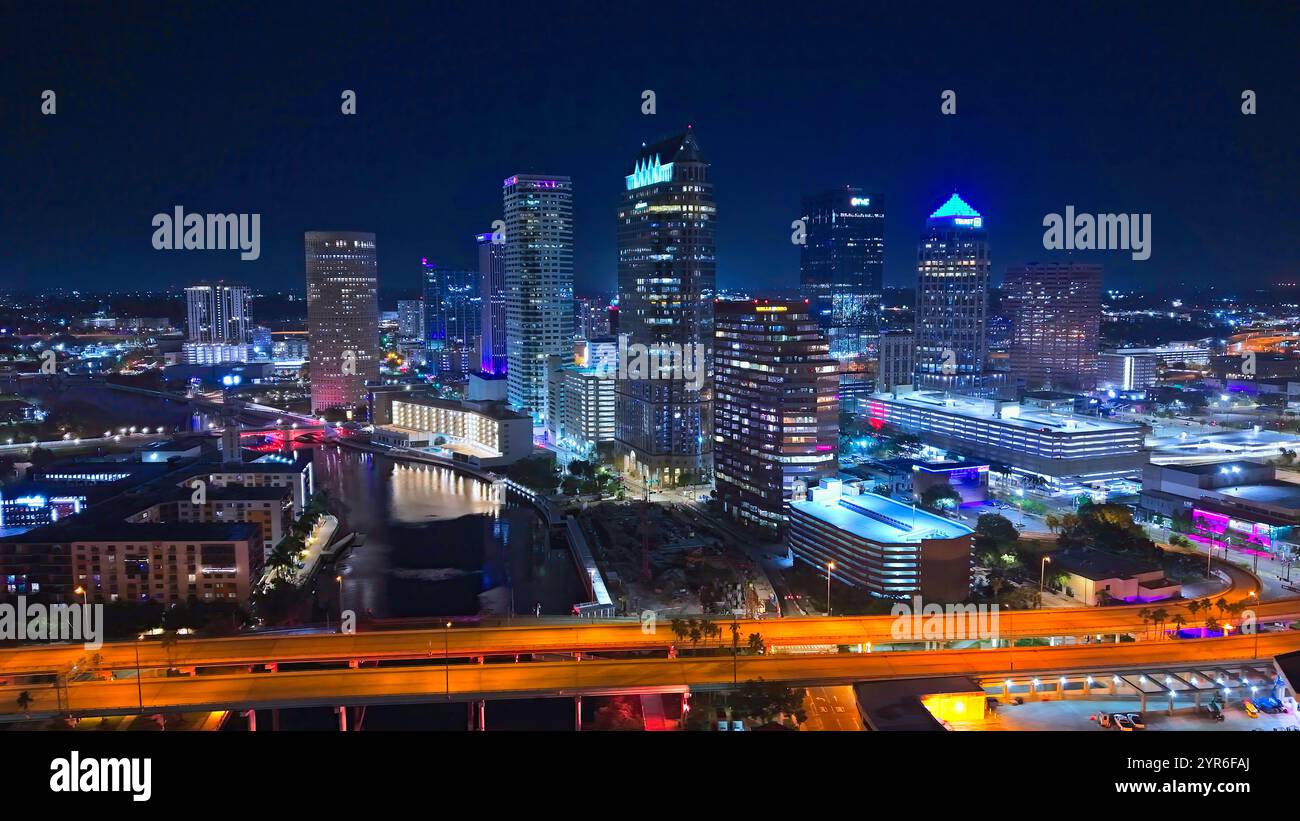 Tampa Florida Downtown skyline at night aerial view - TAMPA, USA ...