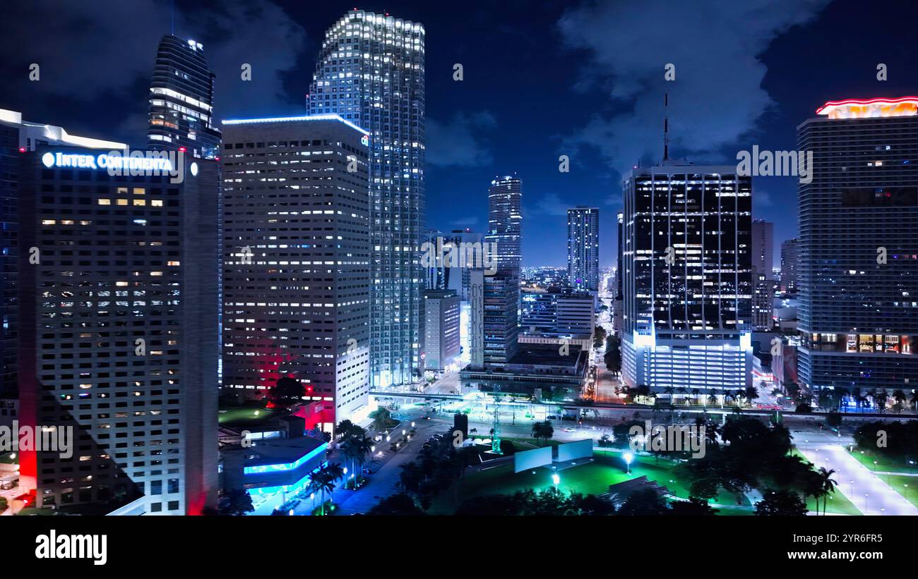 Downtown Miami skyline at Bayfront Park by night aerial view - MIAMI ...