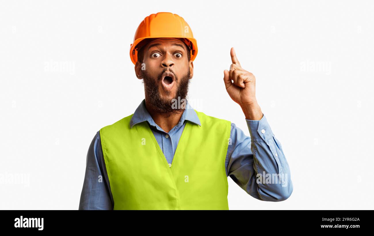 Builder Pointing Finger Up Having Great Idea On White Background Stock ...
