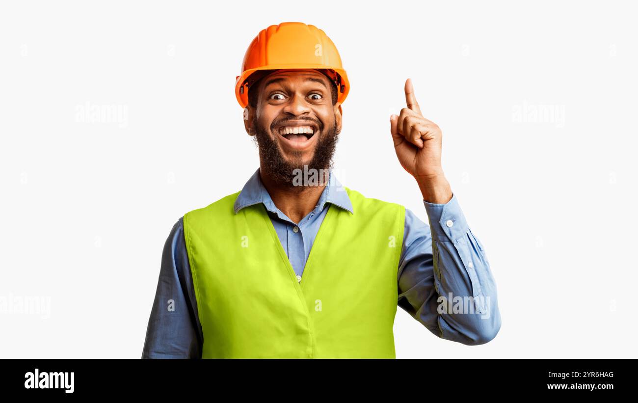 Excited Construction Worker Pointing Finger Up Having Idea, White ...