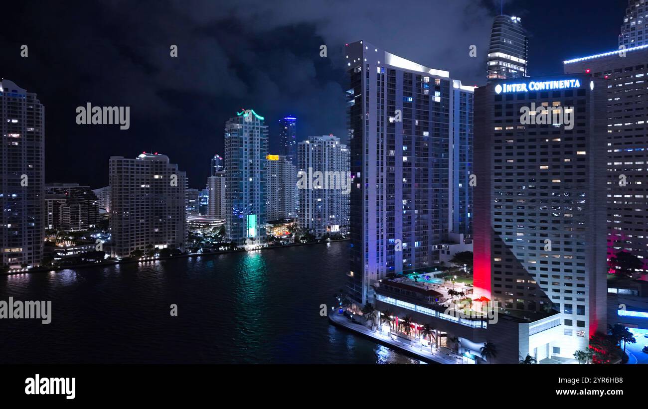 Downtown Miami skyline with Miami River by night aerial view - MIAMI ...