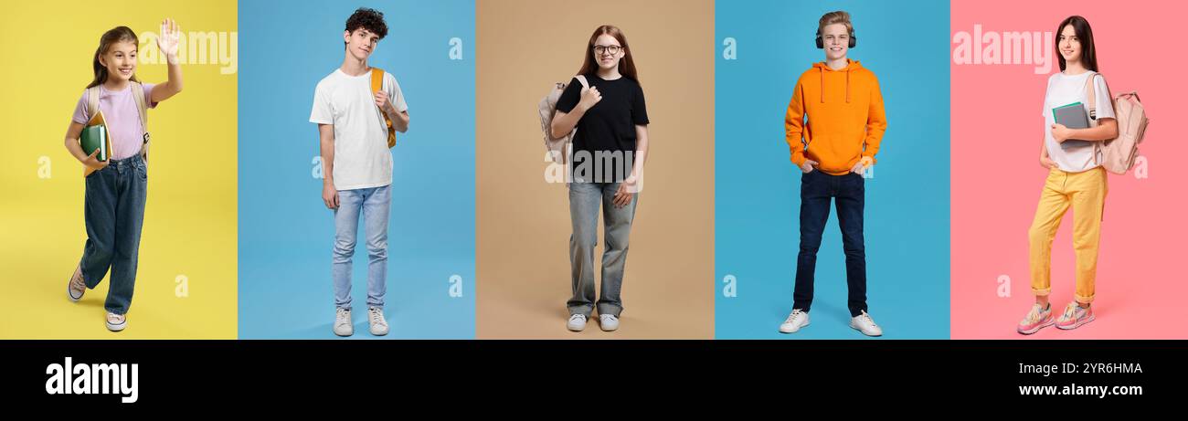 Teenagers on different colors backgrounds. Collage of portraits Stock ...