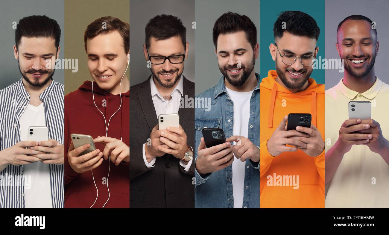 Men using mobile phones on different colors backgrounds. Collage of ...