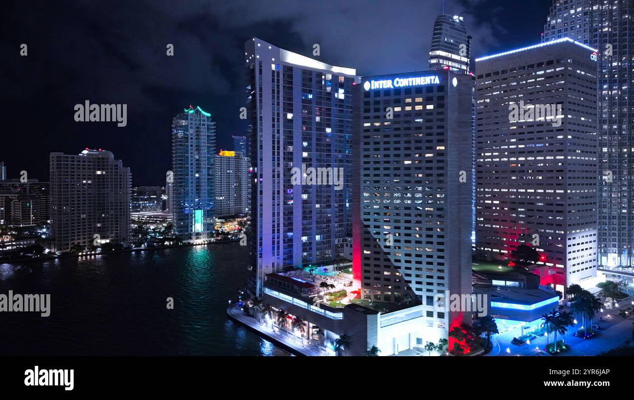 Downtown Miami skyline with Miami River by night aerial view - MIAMI ...