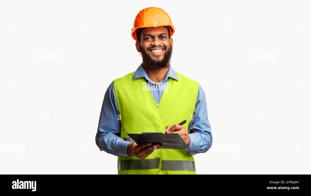Happy Construction Worker Guy Taking Notes Holding Folder, Studio Shot ...