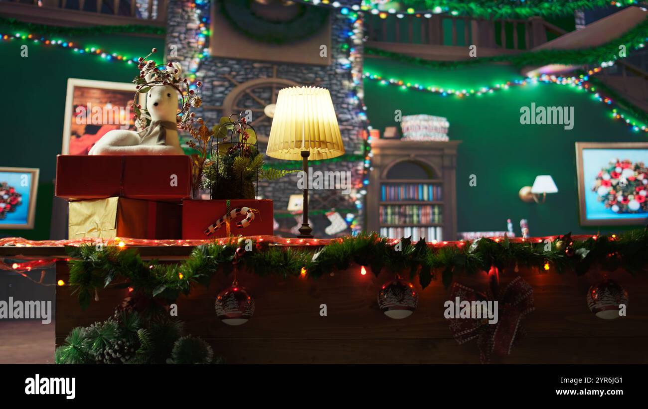 Empty decorated North Pole log cabin with ornaments and x mas objects ...