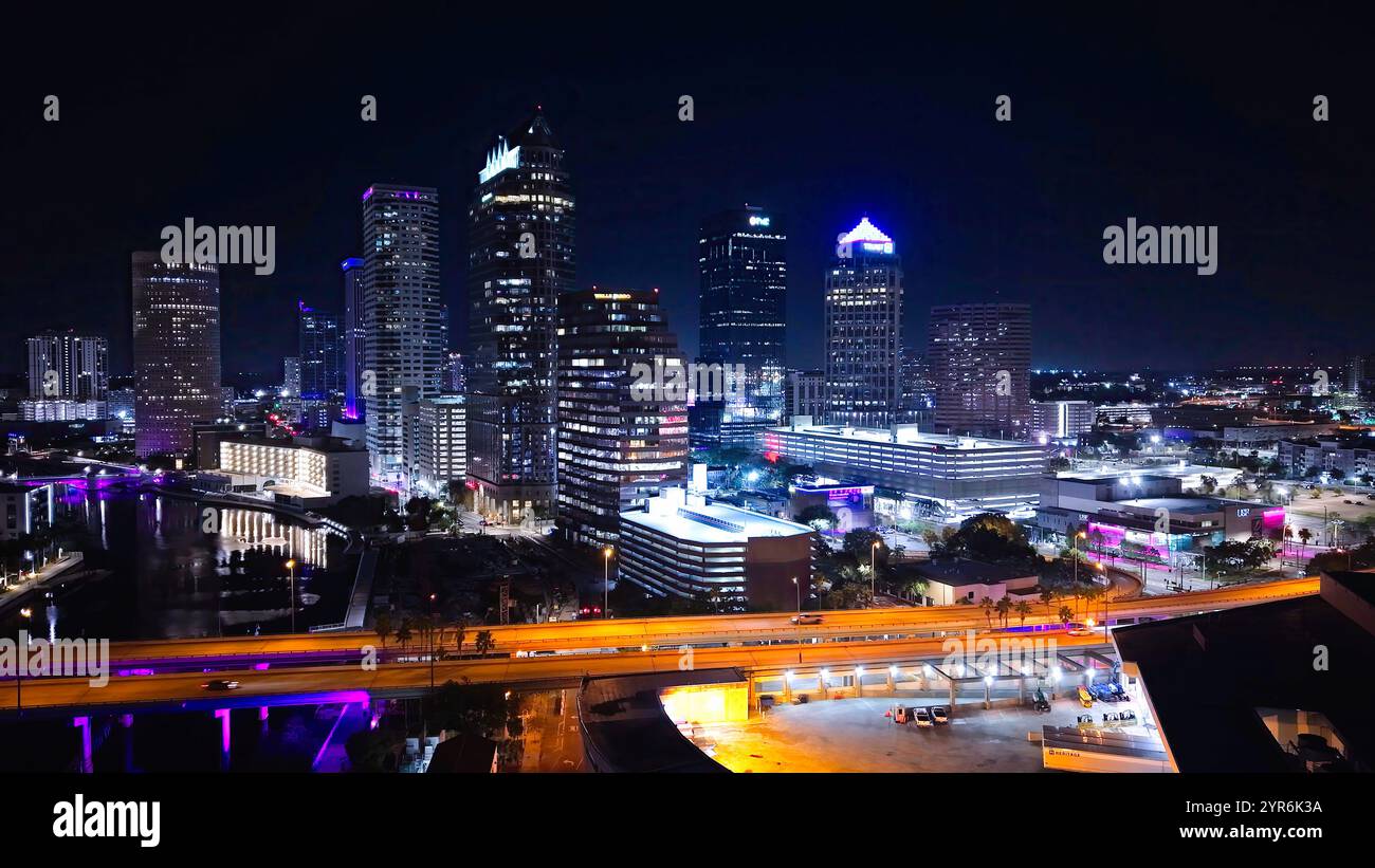 Tampa Florida Downtown skyline at night aerial view - TAMPA, USA ...