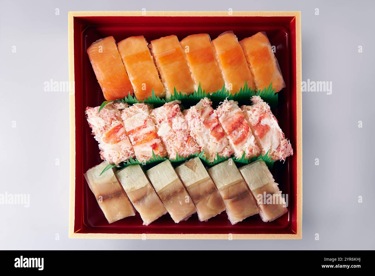 Crab & salmon and mackerel battera Stock Photo - Alamy
