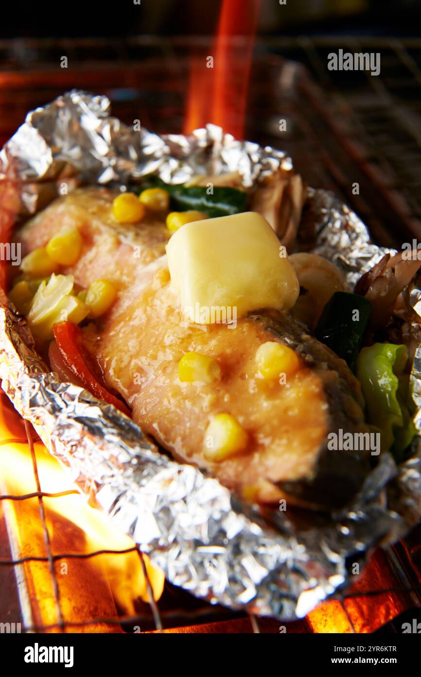 Salmon grilled with foil, chanchang-yaki style Stock Photo - Alamy