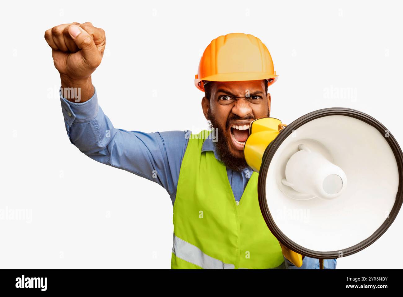 Emotional Black Construction Worker Shouting In Megaphone, Studio Shot ...