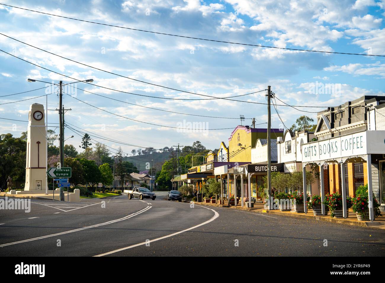 Main street of Goomeri with war memorial and "Lest We Forget' clock ...