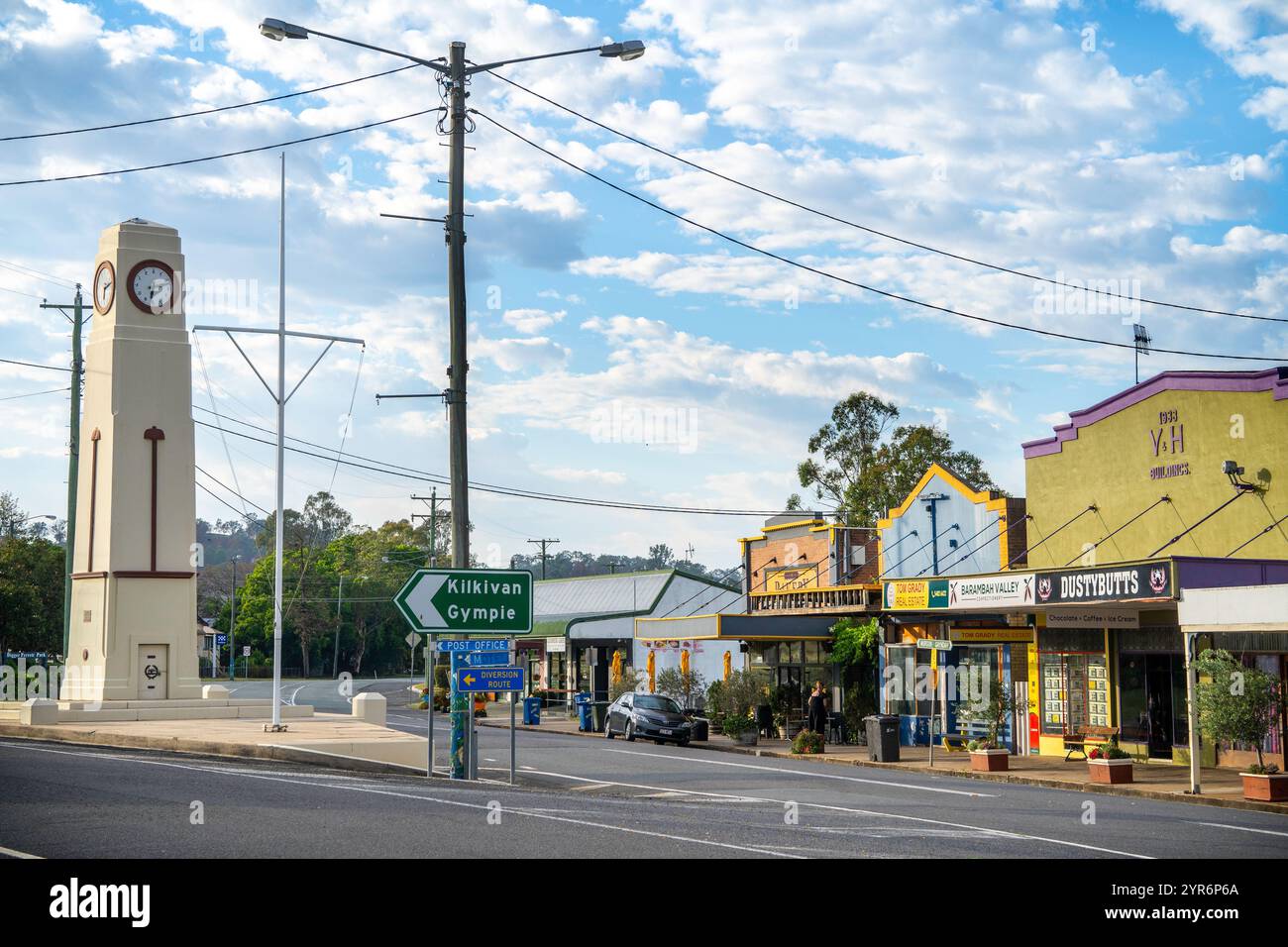 Main street of Goomeri with war memorial and "Lest We Forget' clock ...