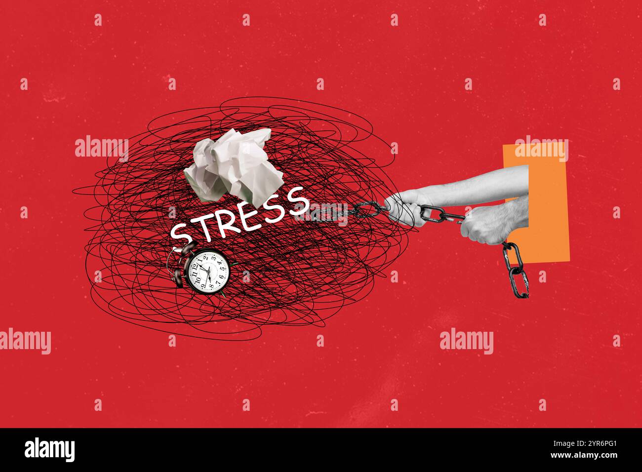 Composite photo collage of hands pull chain trap stress alarm deadline ...