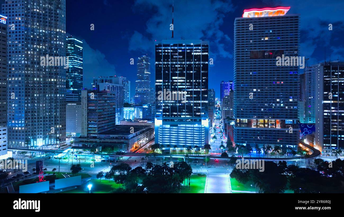 Downtown Miami skyline at Bayfront Park by night aerial view - MIAMI ...