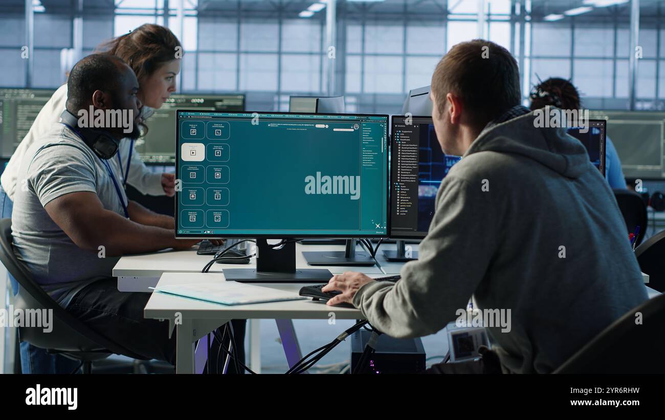 Computer scientist in server room making software producing AI ...