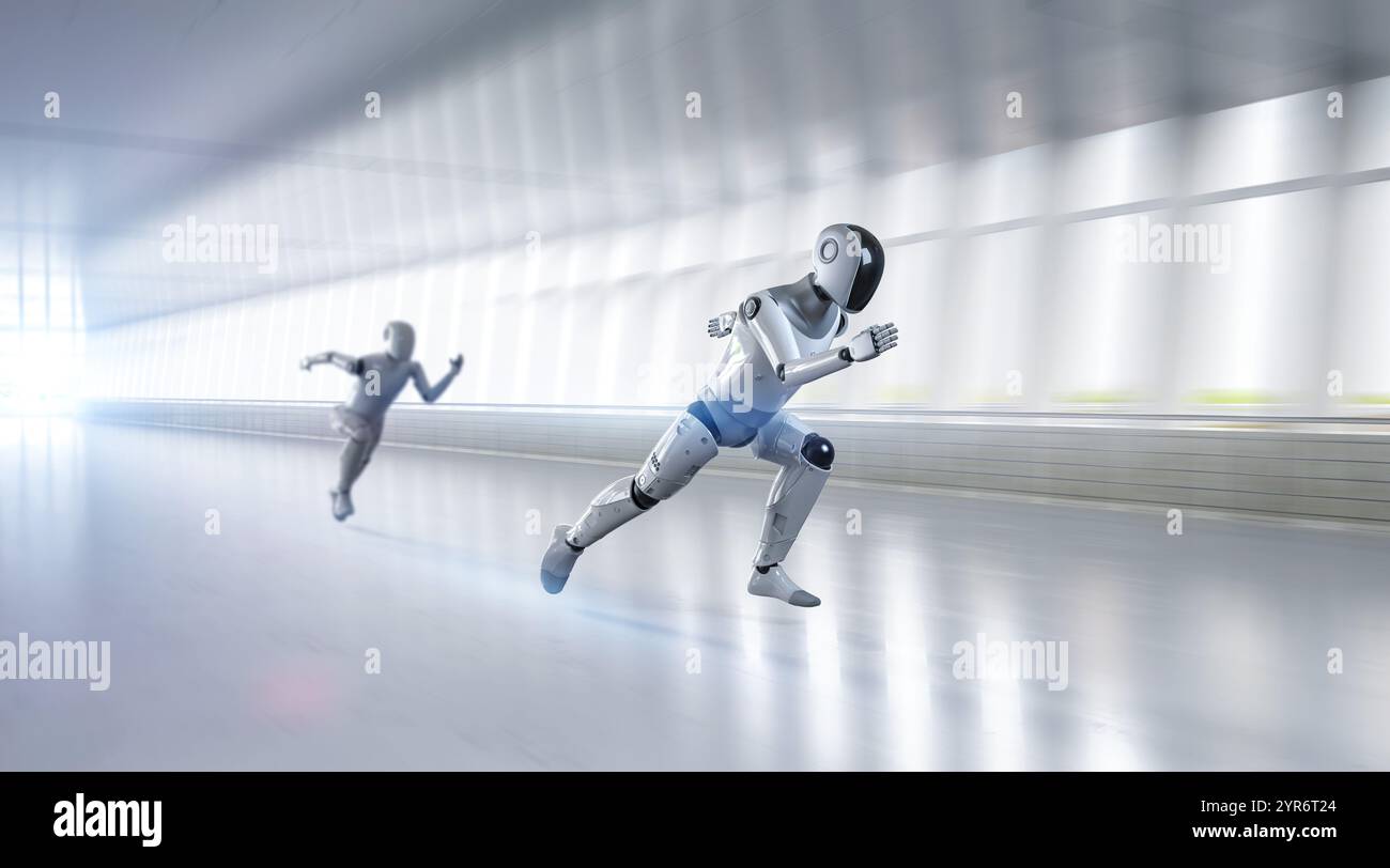 Fast speed technology concept with 3d rendering cyborg running in competition Stock Photo - Alamy