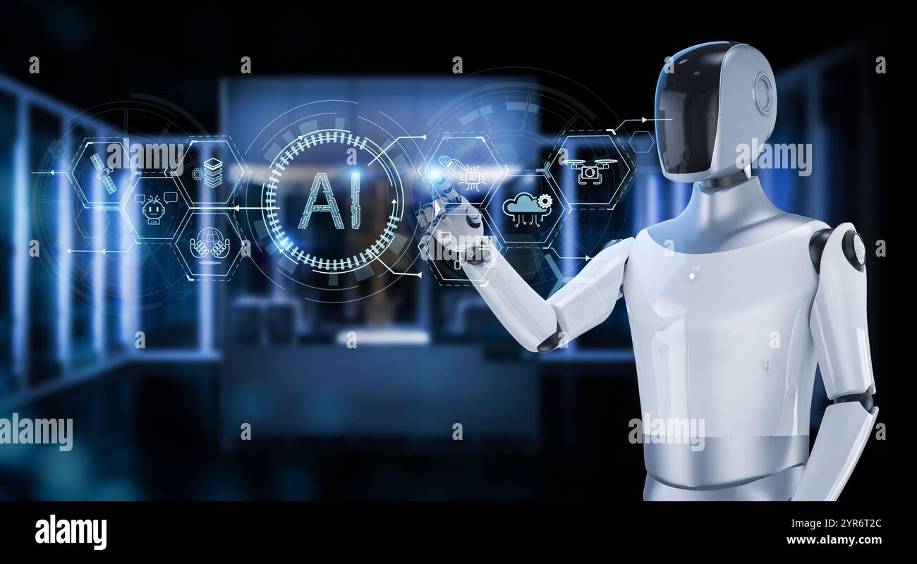 Ai technology with 3d rendering humanoid robot with hud graphic interface Stock Photo - Alamy