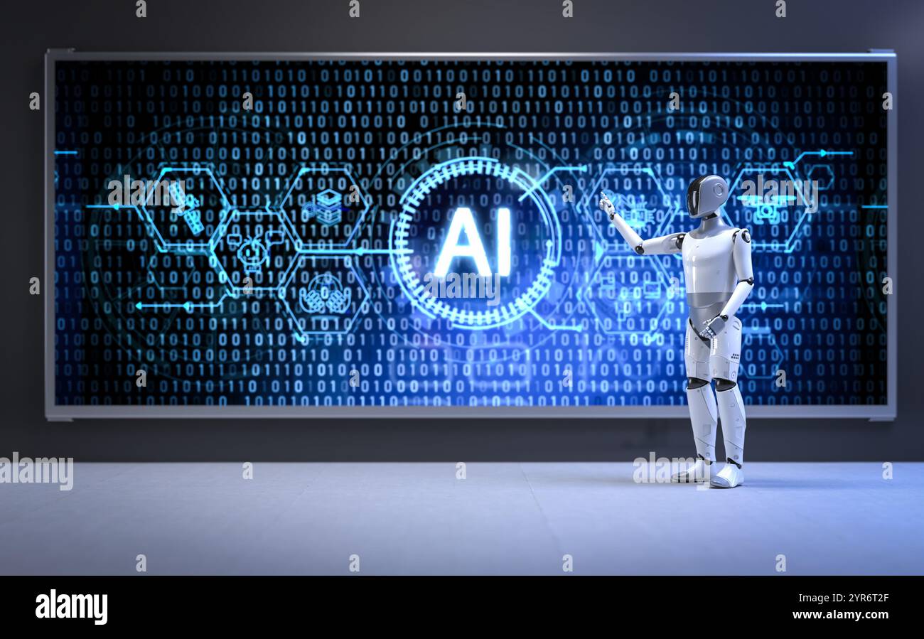 Ai technology with 3d rendering humanoid robot with hud graphic ...