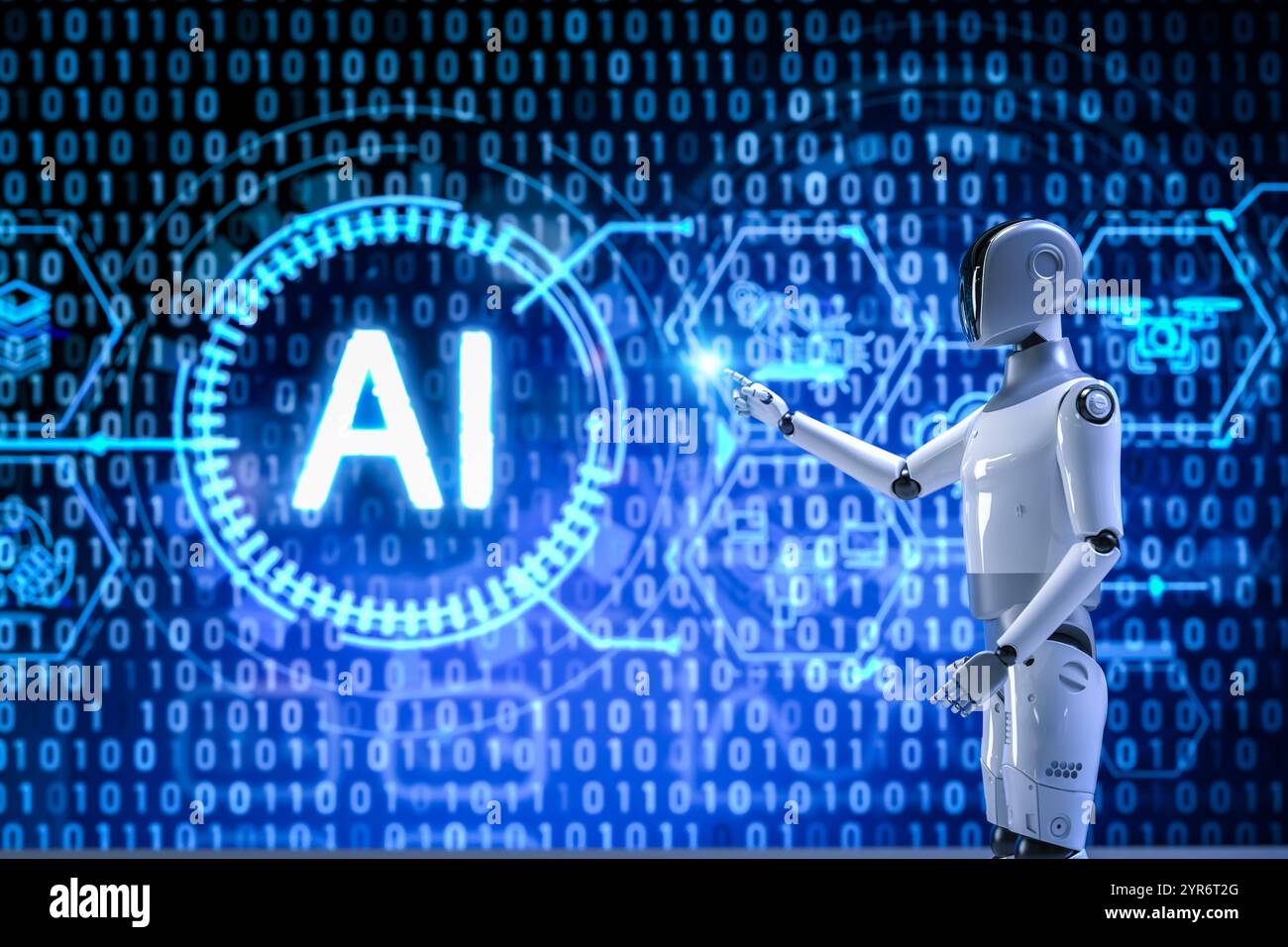 Ai technology with 3d rendering humanoid robot with hud graphic ...