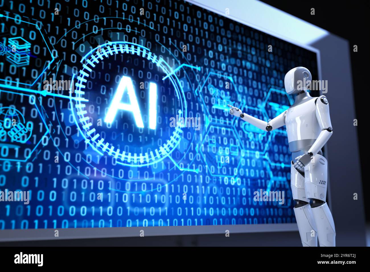 Ai technology with 3d rendering humanoid robot with hud graphic ...