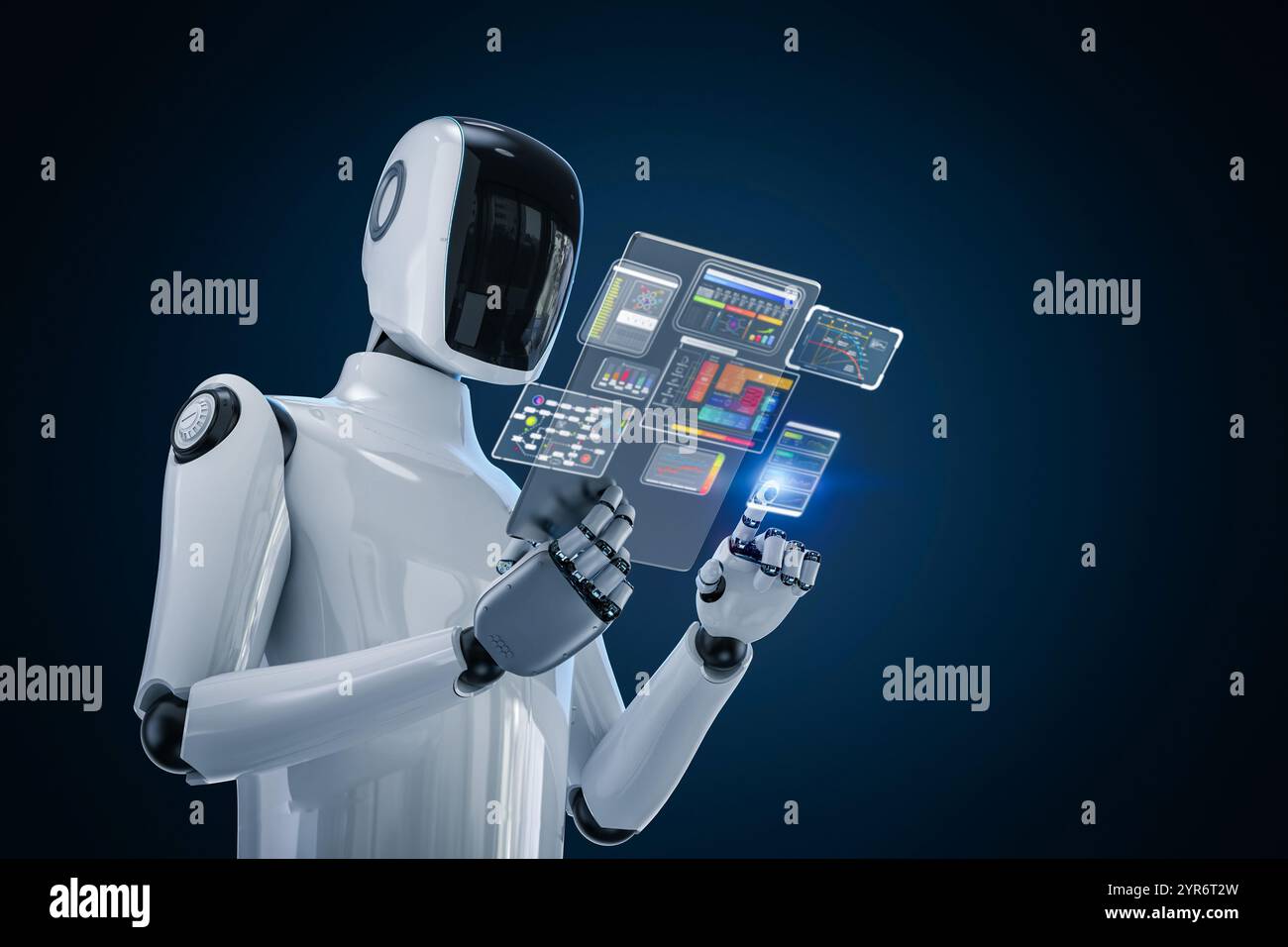 Ai technology with 3d rendering humanoid robot with hud graphic ...