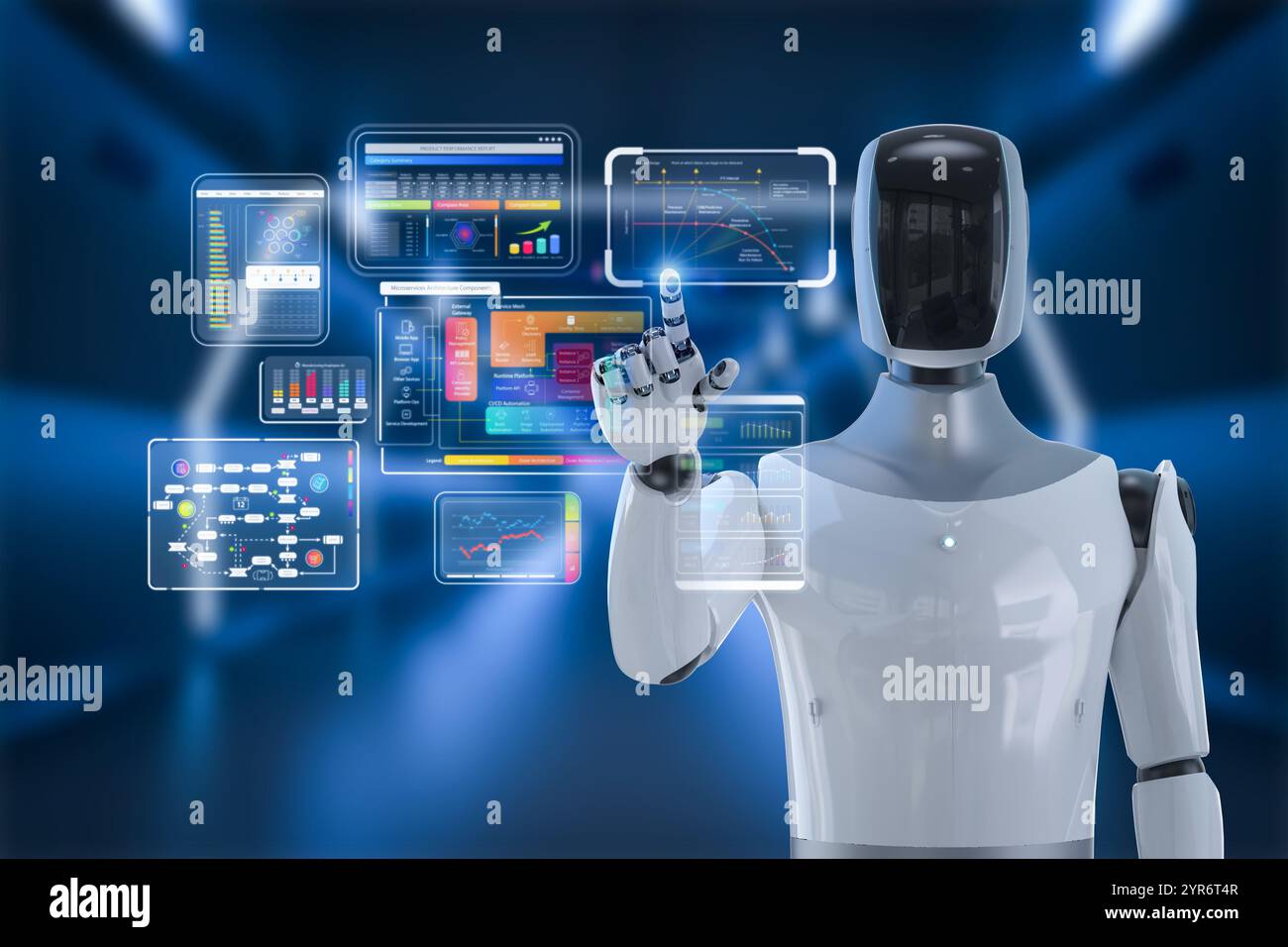 Ai technology with 3d rendering humanoid robot with hud graphic ...