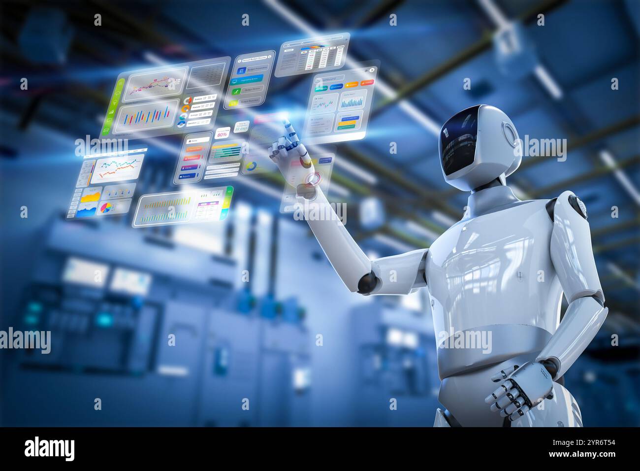 Ai technology with 3d rendering humanoid robot with hud graphic ...
