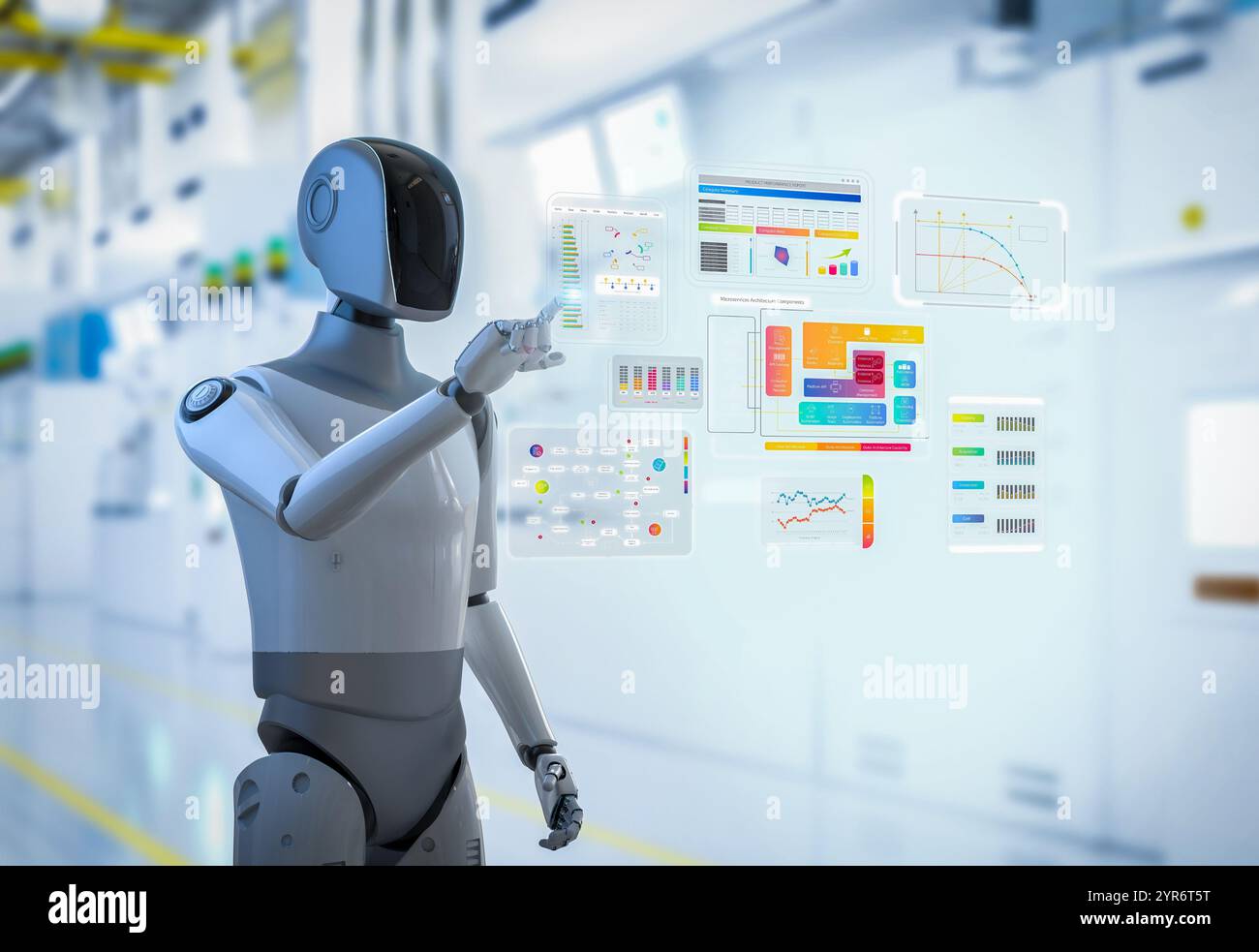 Ai technology with 3d rendering humanoid robot with hud graphic ...