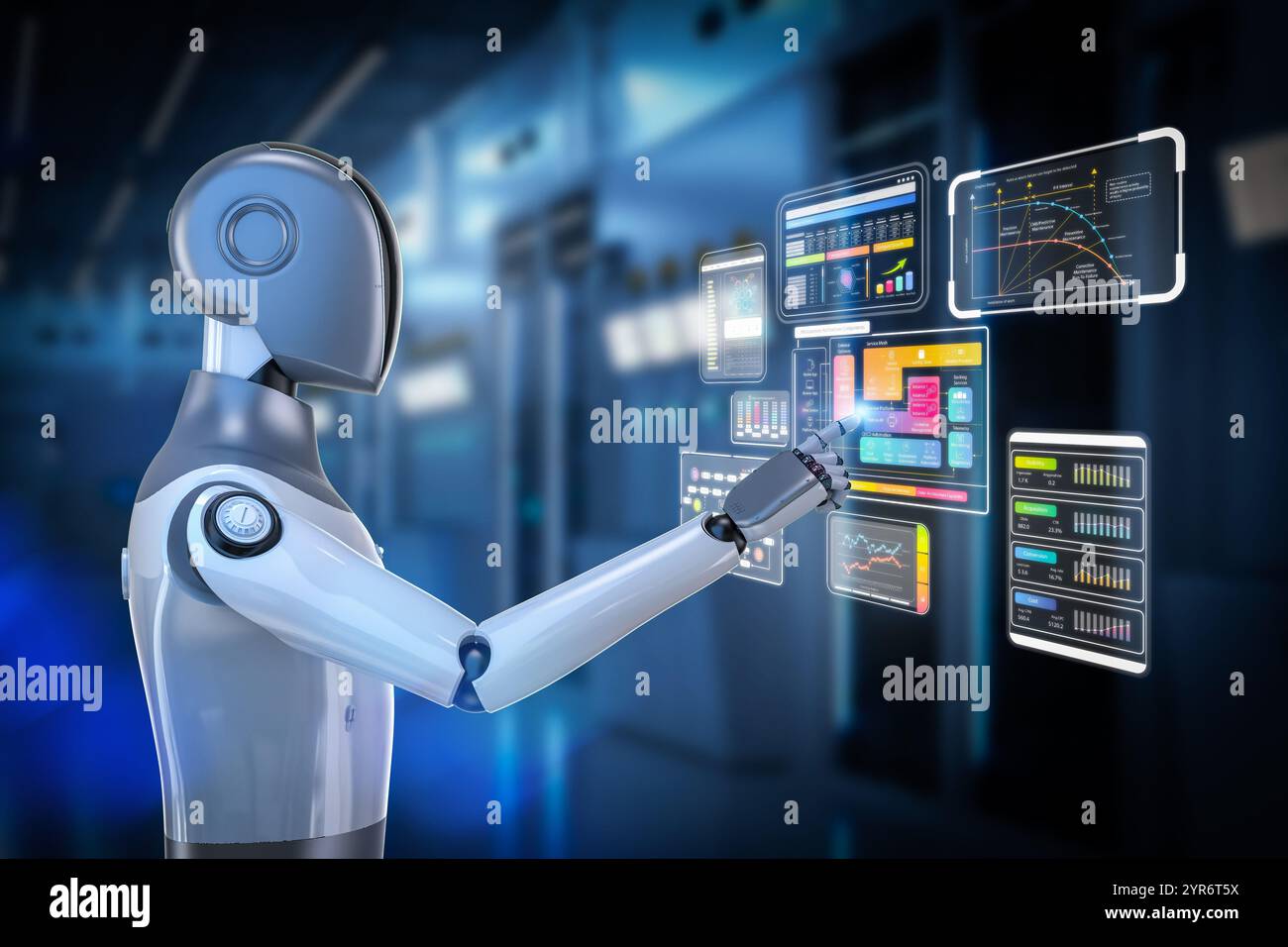 Ai technology with 3d rendering humanoid robot with hud graphic interface Stock Photo - Alamy