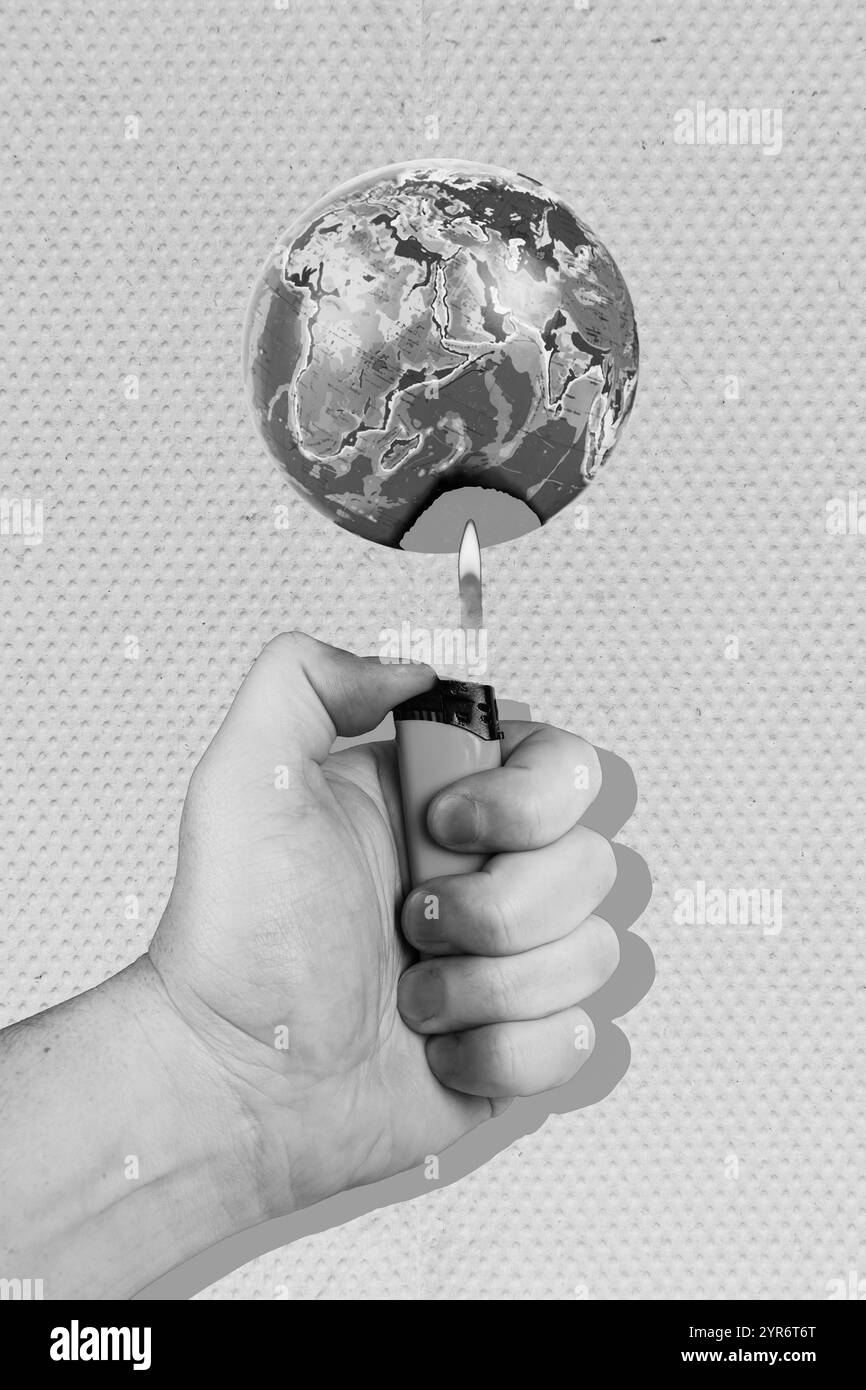 Collage photo of hand hold lighter blaming sphere planet earth killing ...