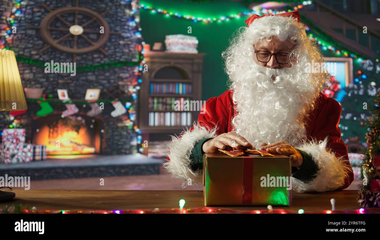 Saint Nicholas decorates many presents with ribbons and bows in his ...