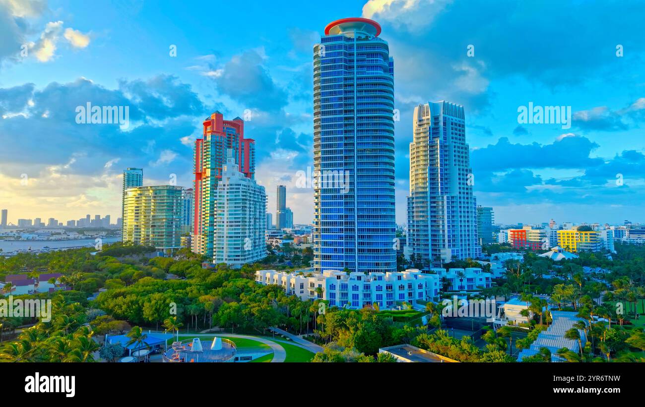 South Pointe Park and South Beach at Miami Beach with its iconic ...