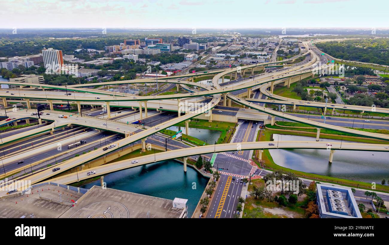 Aerial view of the complexities of a highway interchange in Orlando ...