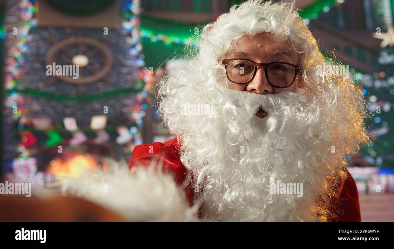 POV of Saint Nicholas old man waving at children on video conference ...