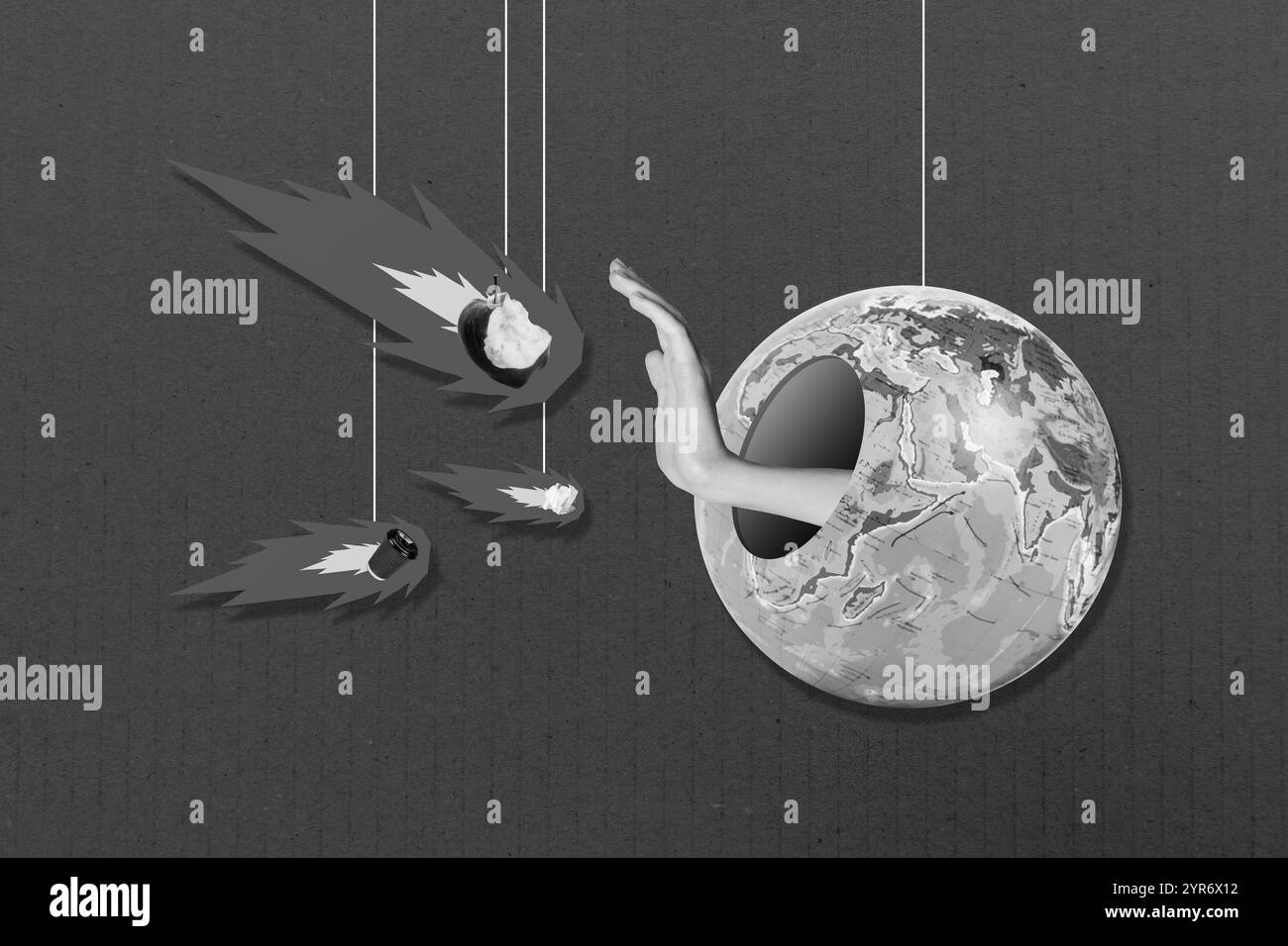 Collage photo of creative magazine hanging earth with meteorite trash ...