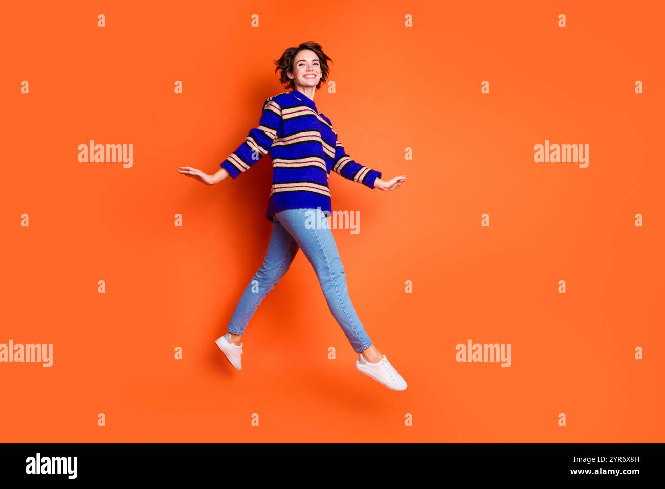 Full body length photo of jumping trampoline funky model millennial ...