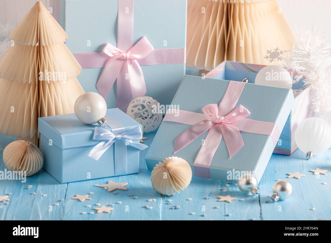 Lovely blue Christmas gift box as composition in light blue color ...