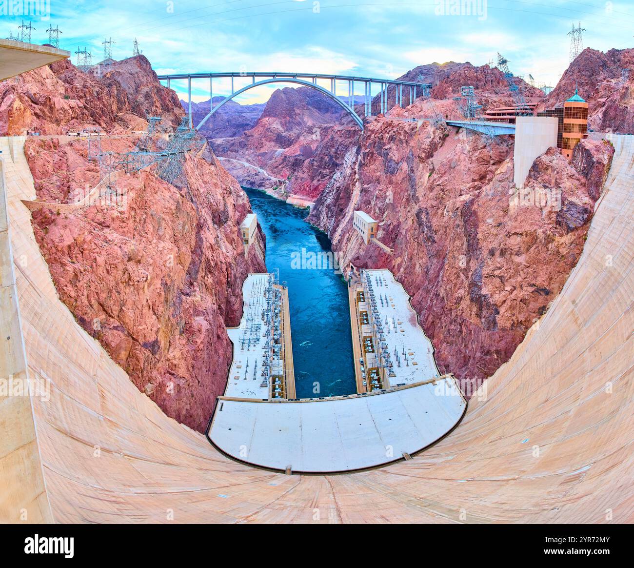 Hoover Dam and Bridge Over Colorado River Aerial Panorama Stock Photo ...