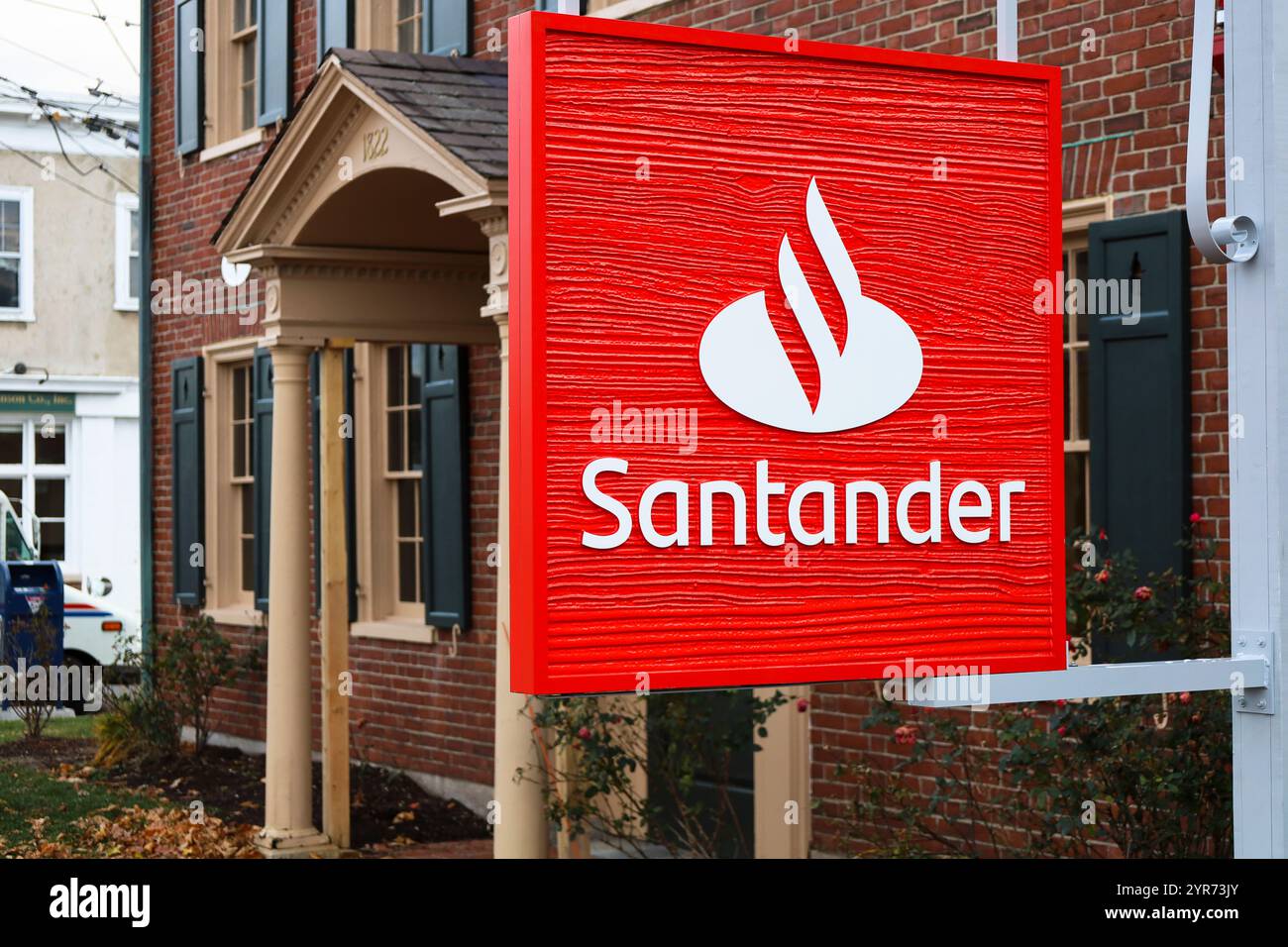 A sign Banco Santander office at street in Lexington, Massachusetts on ...
