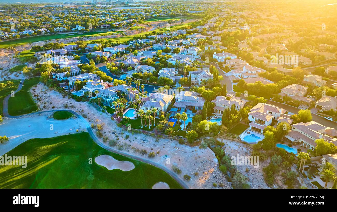 Aerial of Luxury Homes and Golf Course in Las Vegas at Golden Hour ...