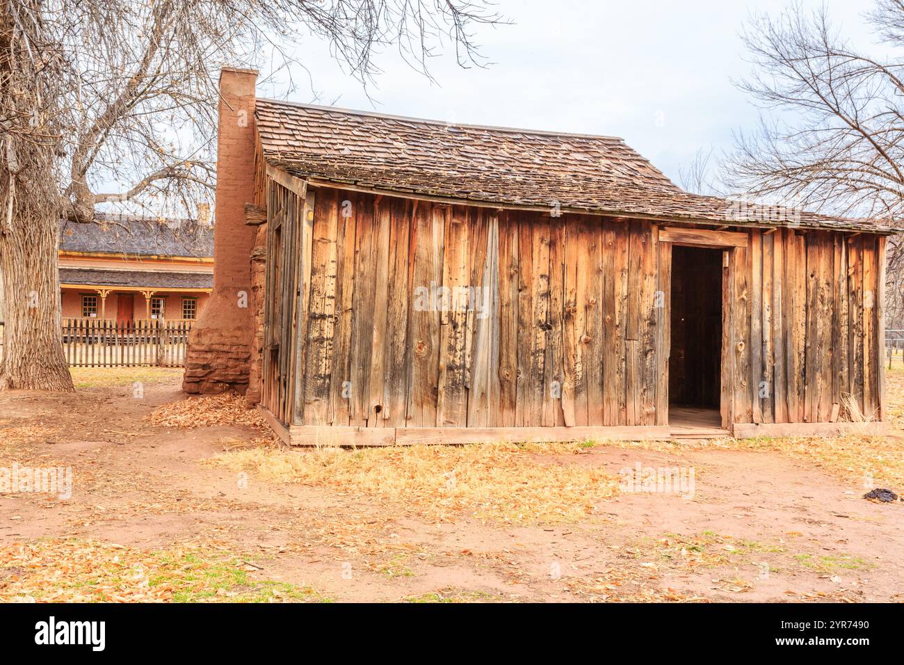 A small, old wooden house with a chimney sits in front of a large tree ...
