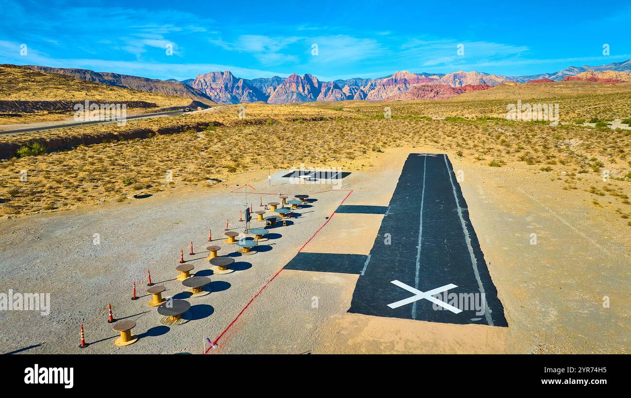 Aerial of Desert Runway and Construction Spools in Nevada Stock Photo ...